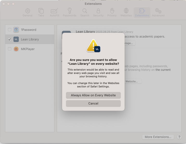 Downloading extension on Safari – Lean Library